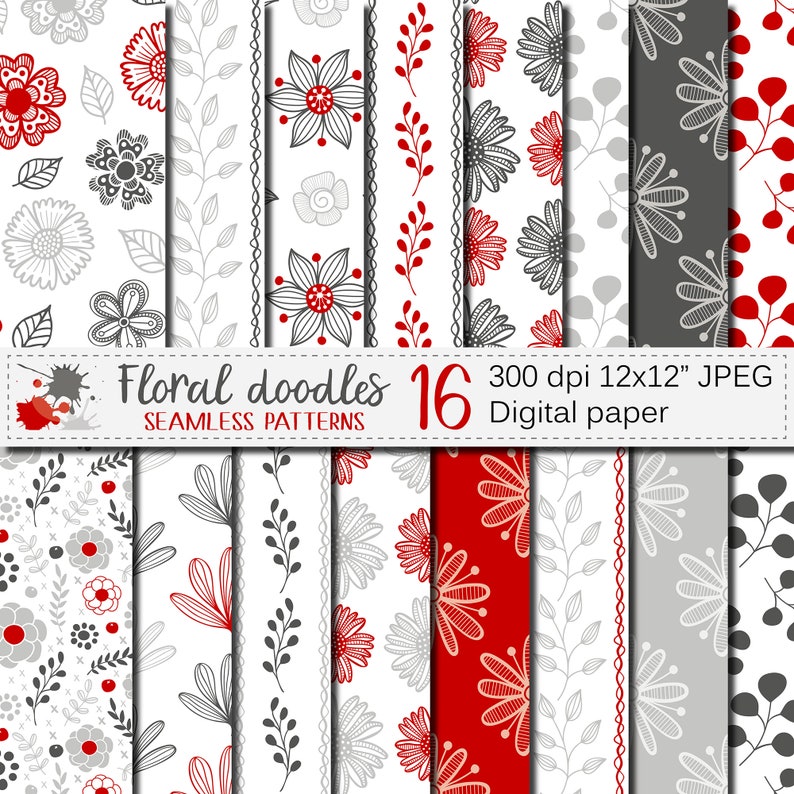 Red and Gray Floral Digital Paper, Flower Doodles Seamless Pattern ...