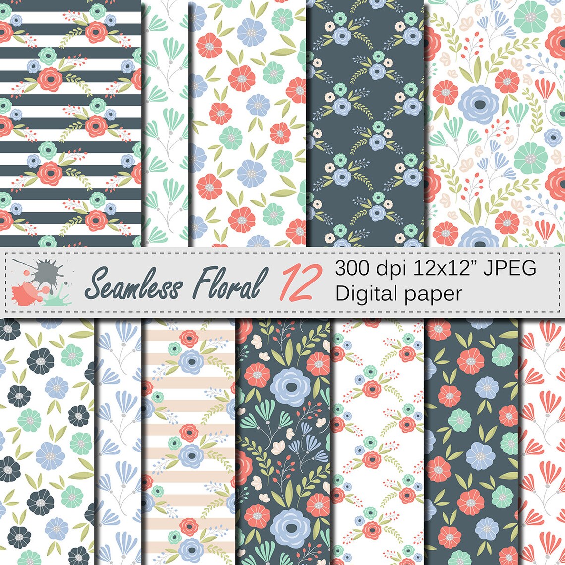 Seamless Floral Digital Paper, Mint and Coral Flowers Seamless Pattern ...