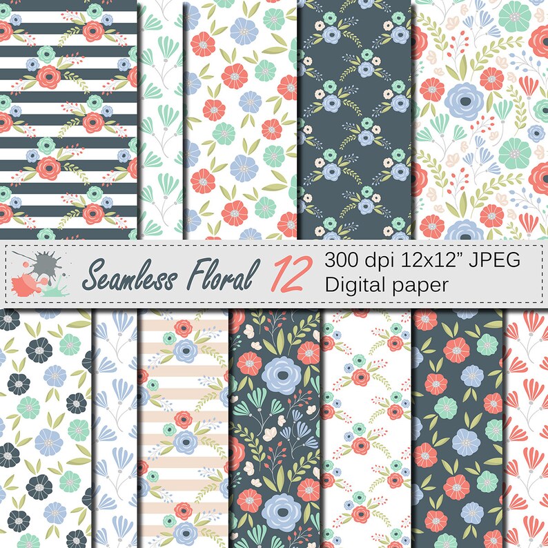 Seamless Floral Digital Paper, Mint and Coral Flowers Seamless Pattern ...