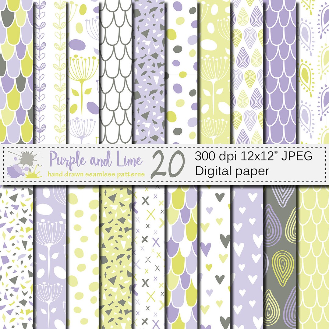 Purple and Lime Green Seamless Digital Paper, Hand Drawn Scales, Hearts ...