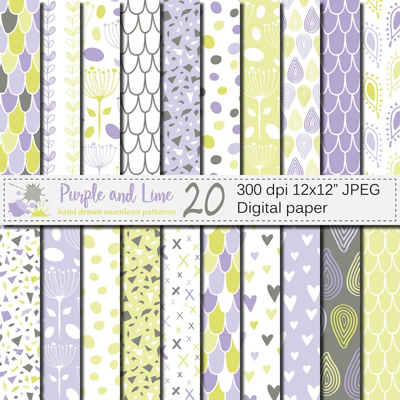 Purple and Lime Green Seamless Digital Paper, Hand Drawn Scales, Hearts ...