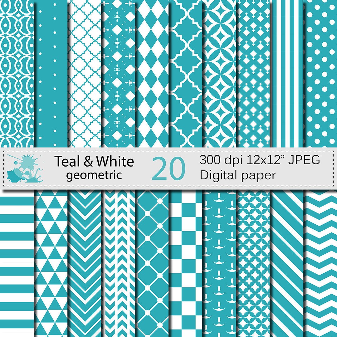 SALE 50% Teal and White Geometric Digital Paper Set, Geometric Digital ...