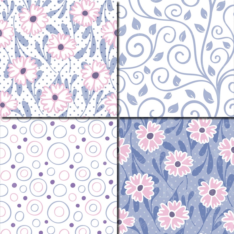 Floral Swirls Digital Paper, Blue, Pink and Purple Floral Seamless ...