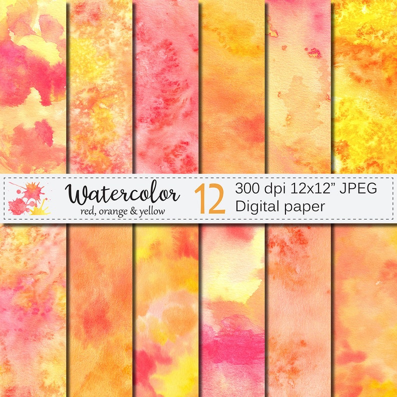 Red Orange Yellow Watercolor Digital Paper, Watercolor Texture ...