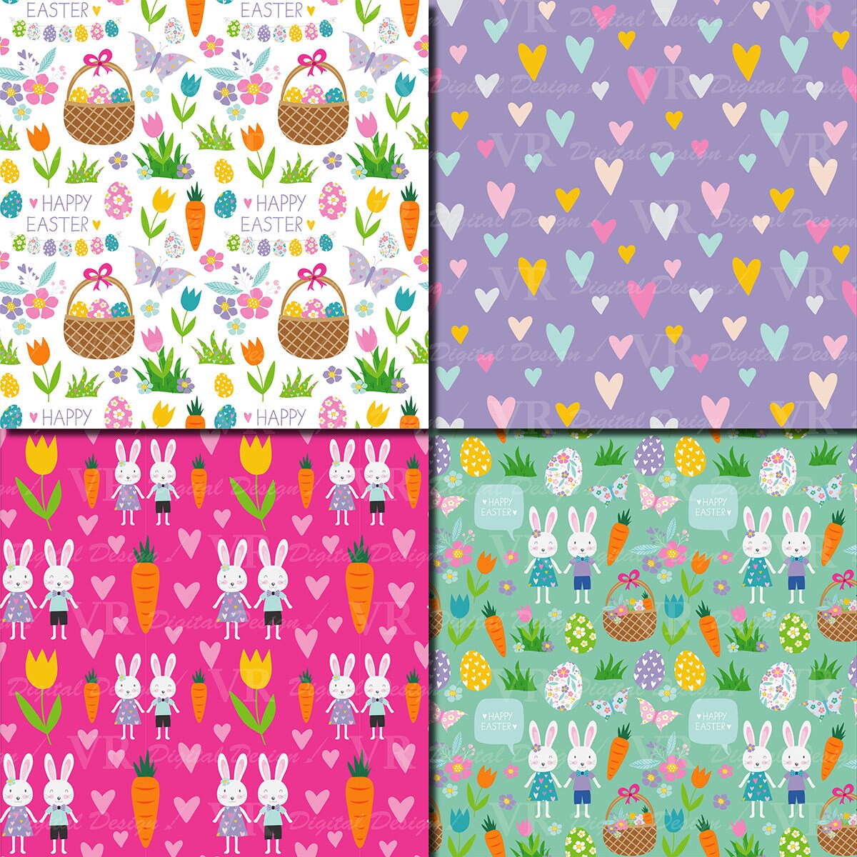 Easter Bunny Digital Paper, Bright Easter Seamless Patterns With ...