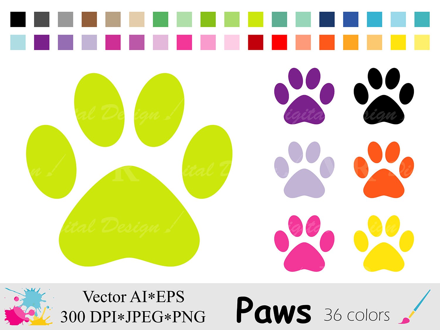 Dog/cat Paws Clip Art, Rainbow Animal Paws Planner Stickers Clipart ...