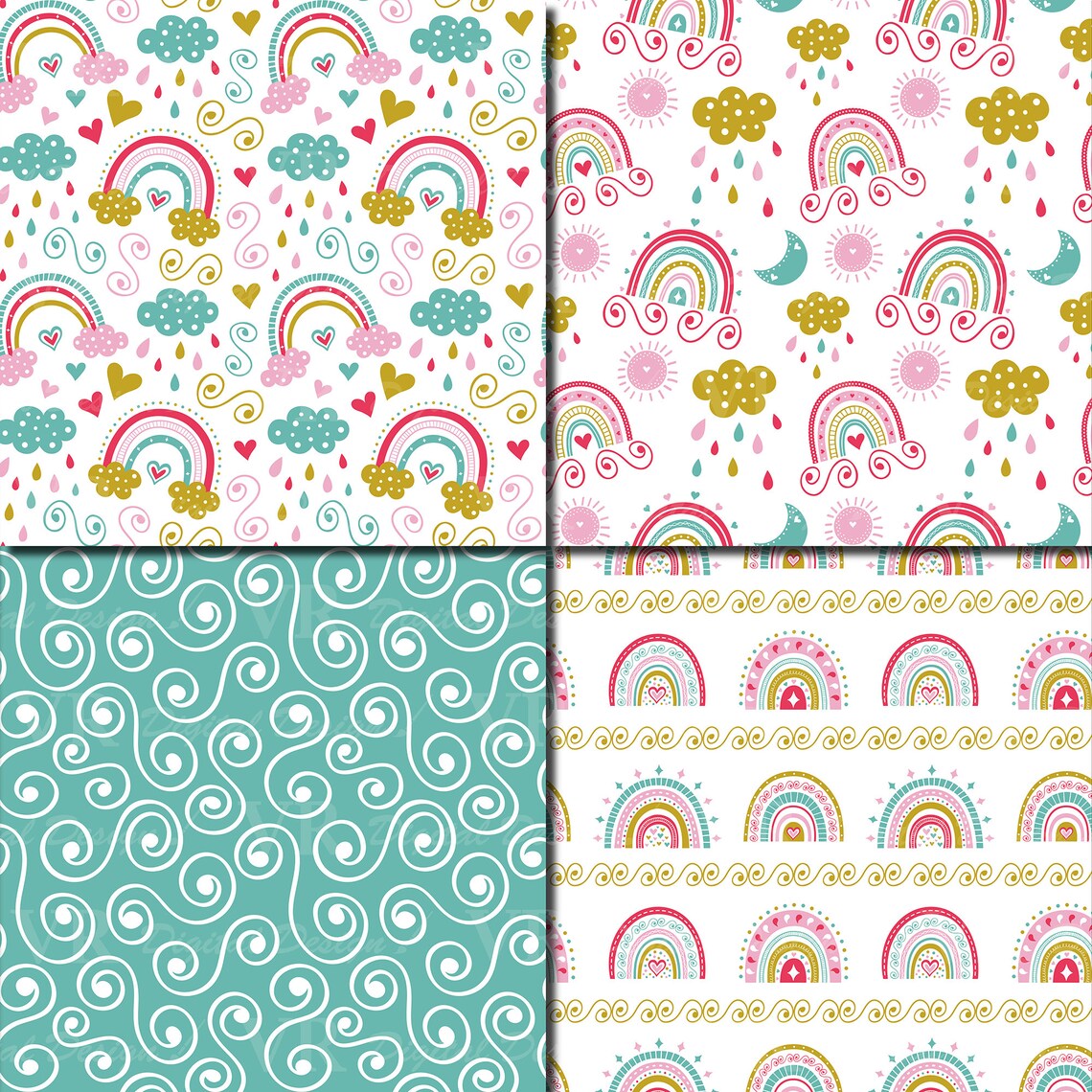 Bright Rainbows Digital Paper, Cute Colorful Rainbow Seamless Patterns ...