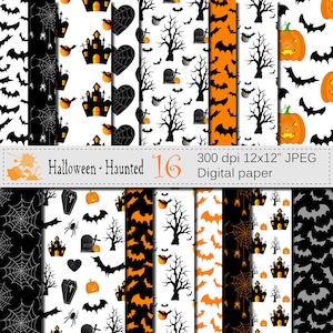 Halloween Digital Papers With Haunted House, Pumpkin, Bats, Spider ...
