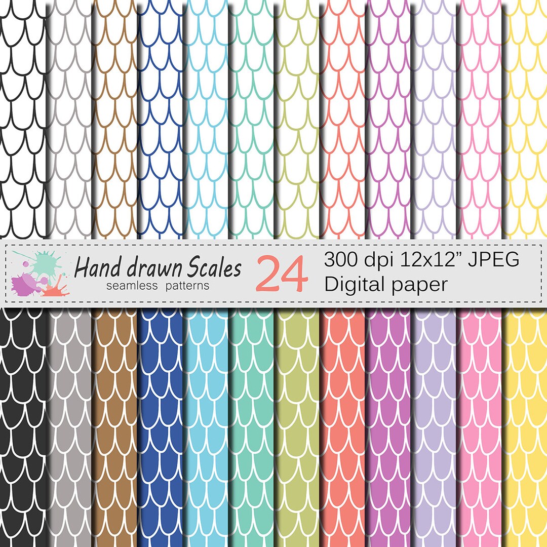 Hand Drawn Scales Seamless Digital Paper, Rainbow Scales Pattern ...