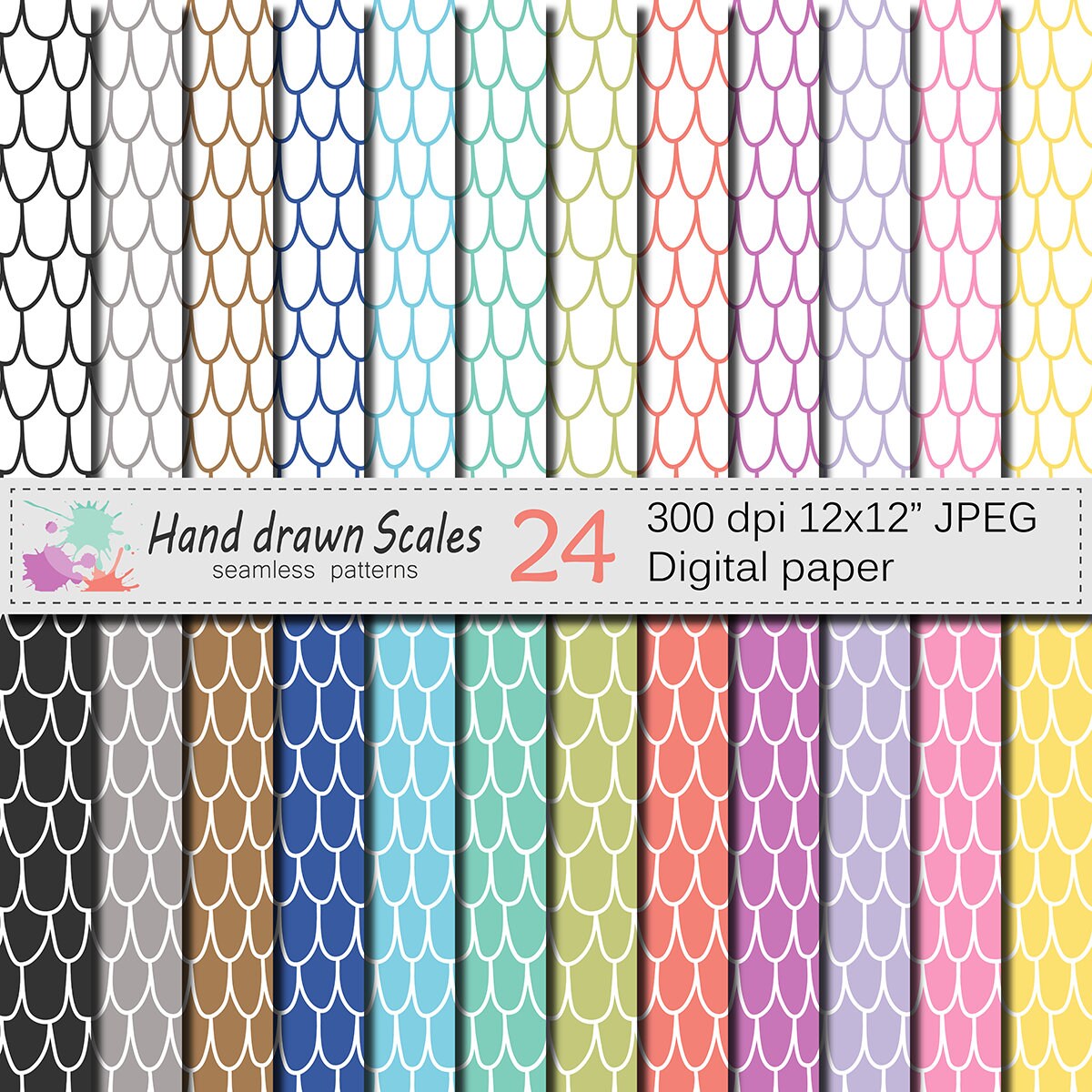 Hand Drawn Scales Seamless Digital Paper, Rainbow Scales Pattern ...