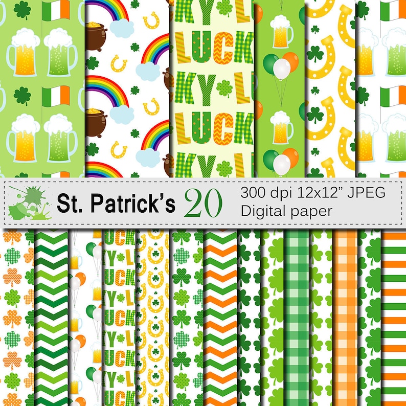 St Patricks Day Digital Paper, Irish Digital Papers, Shamrock Clover ...