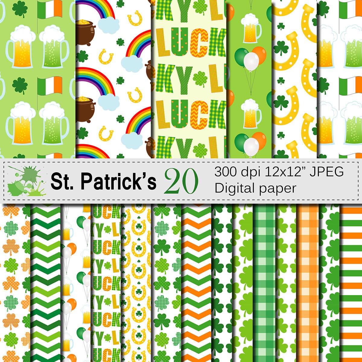 St Patricks Day Digital Paper, Irish Digital Papers, Shamrock Clover ...