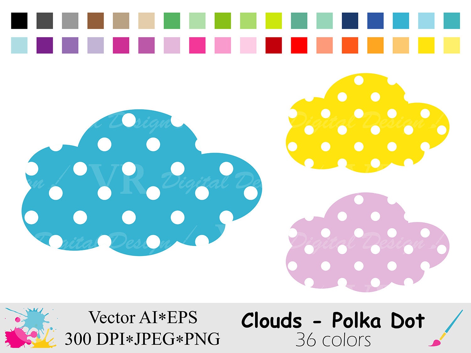 Clouds Clip Art, Polka Dot Cloud Clipart, Rainbow Clouds Clipart ...