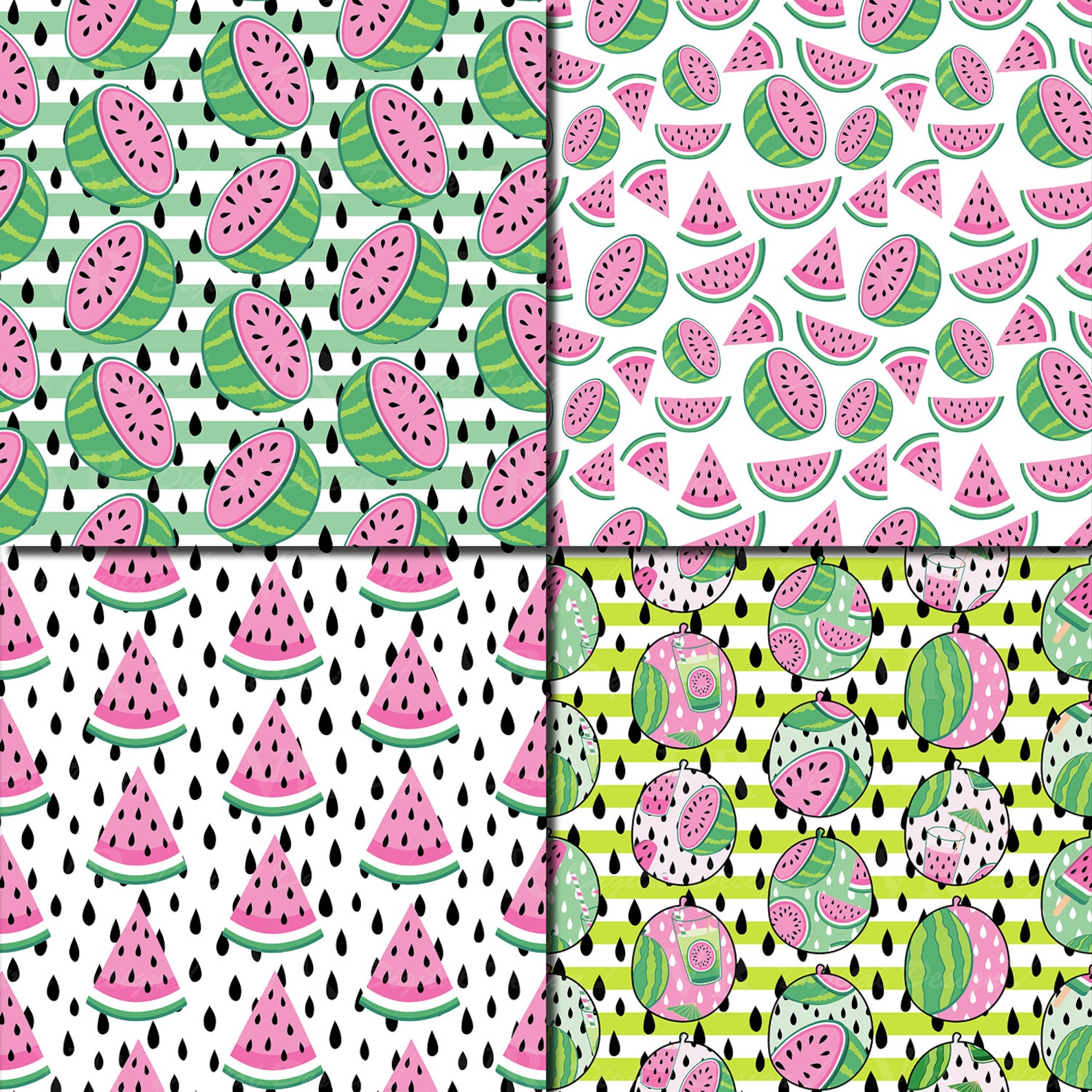 Watermelon Digital Paper, Cute Summer Fruit Digital Papers, Pink and ...