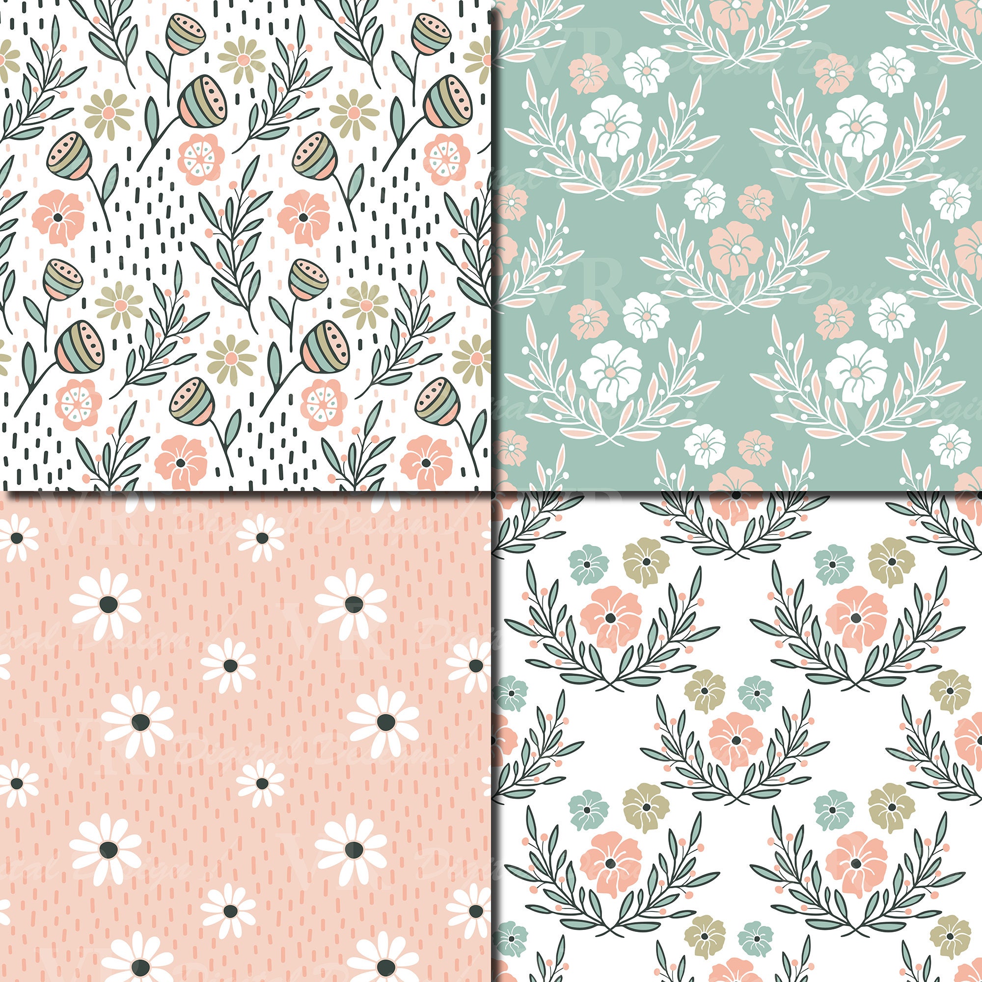 Romantic Floral Digital Paper, Flowers Seamless Pattern, Pastel Floral ...