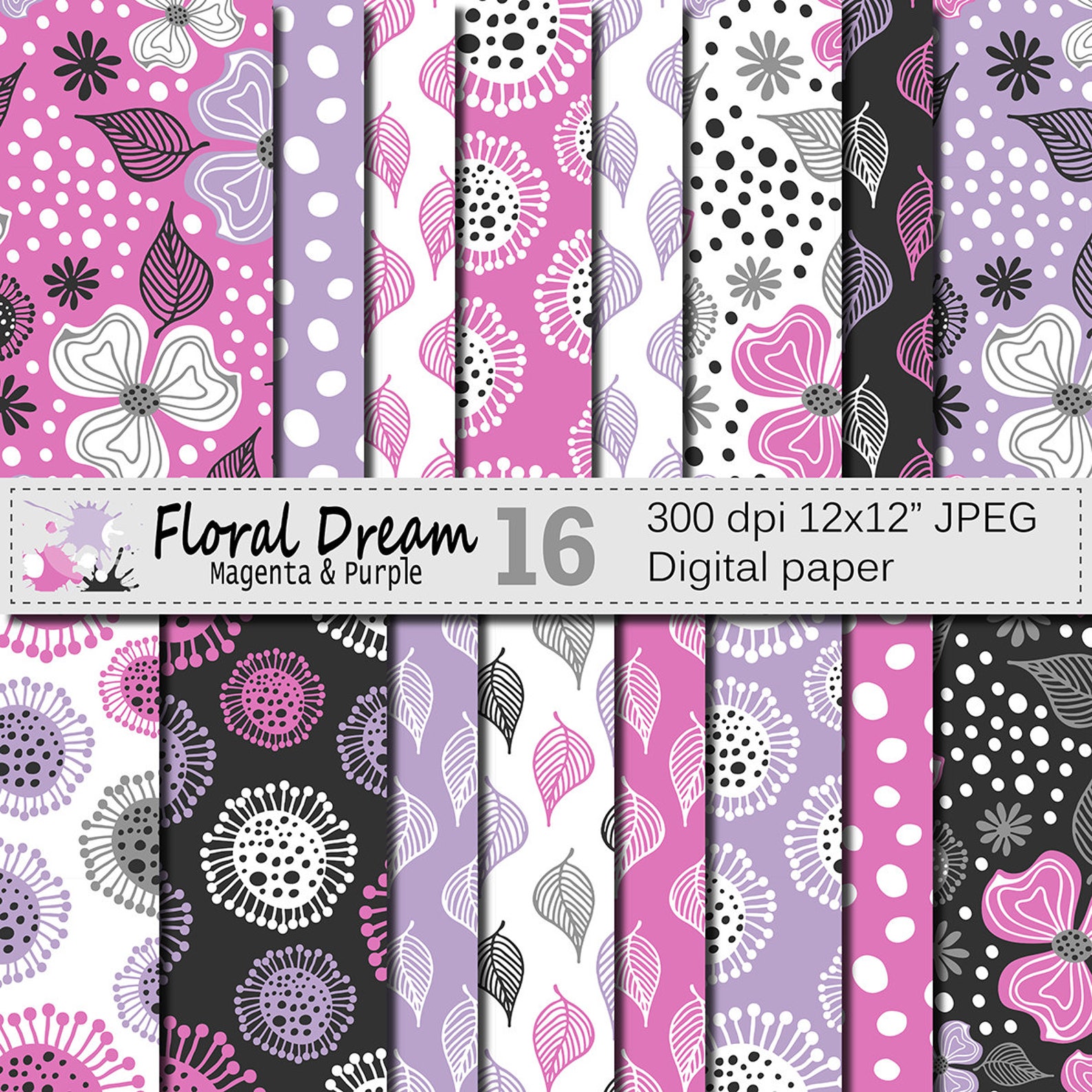 Seamless Floral Magenta and Purple Digital Paper "floral Dream", Hand ...