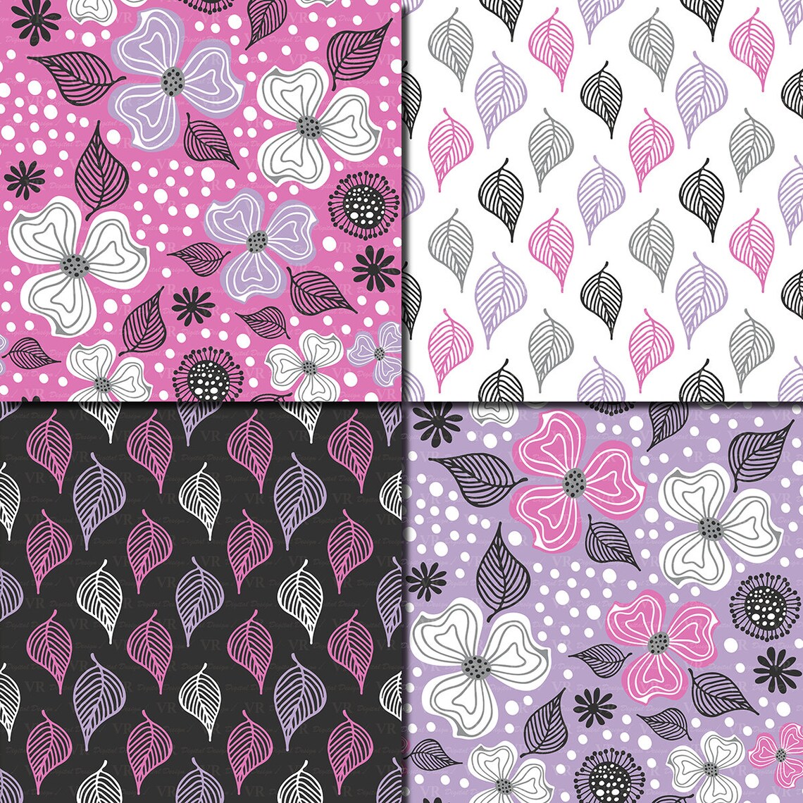 Seamless Floral Magenta and Purple Digital Paper "floral Dream", Hand ...