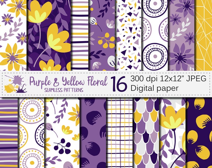 Purple and Yellow Floral Digital Paper Flowers Seamless - Etsy