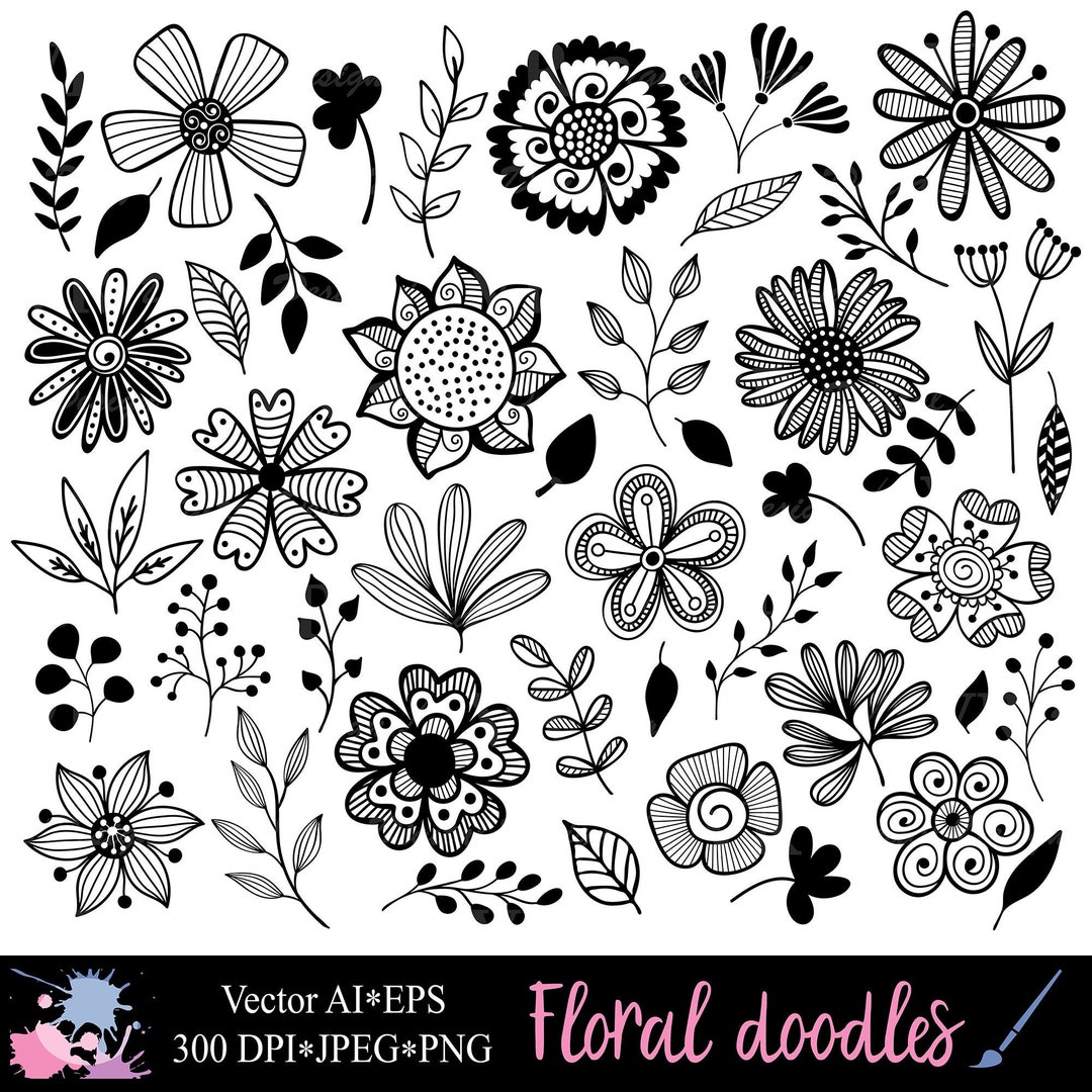 Floral Doodles Clipart, Flowers Doodle Clipart, Hand Drawn Flower ...