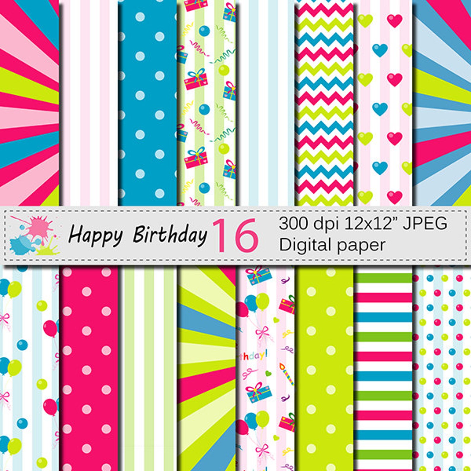 Happy Birthday Digital Paper Set With Balloons and Presents, Kids ...