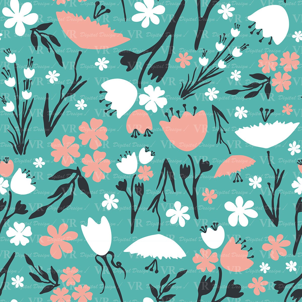 Seamless Floral Digital Paper, Hand Drawn Flowers Seamless Pattern ...
