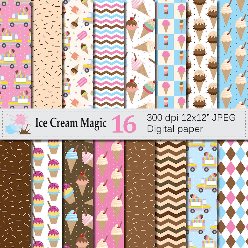 Ice Cream Digital Paper Set With Cones and Popsicles, Summer Digital ...