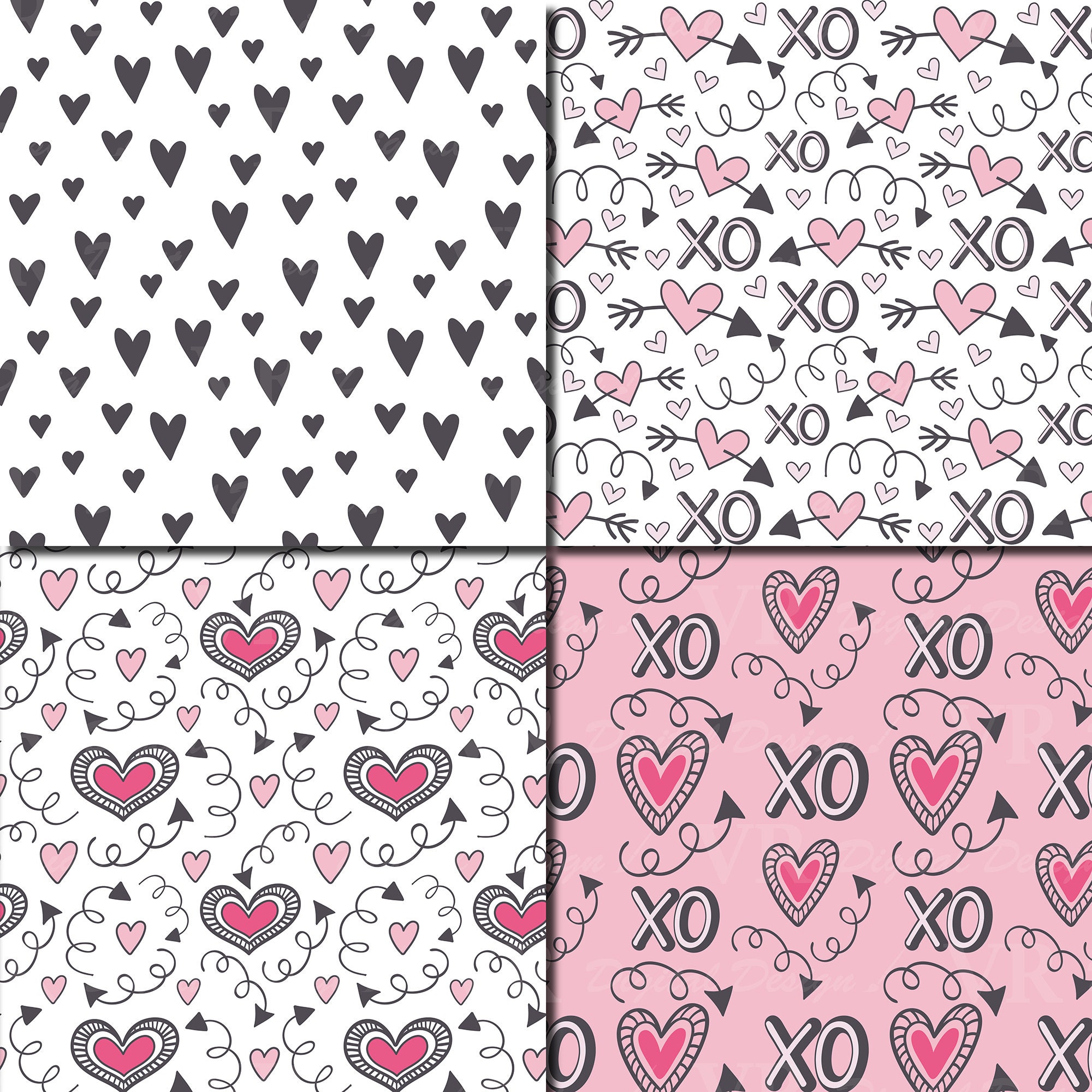 Hearts Digital Paper, Red and Pink Valentine's Day Seamless Patterns ...