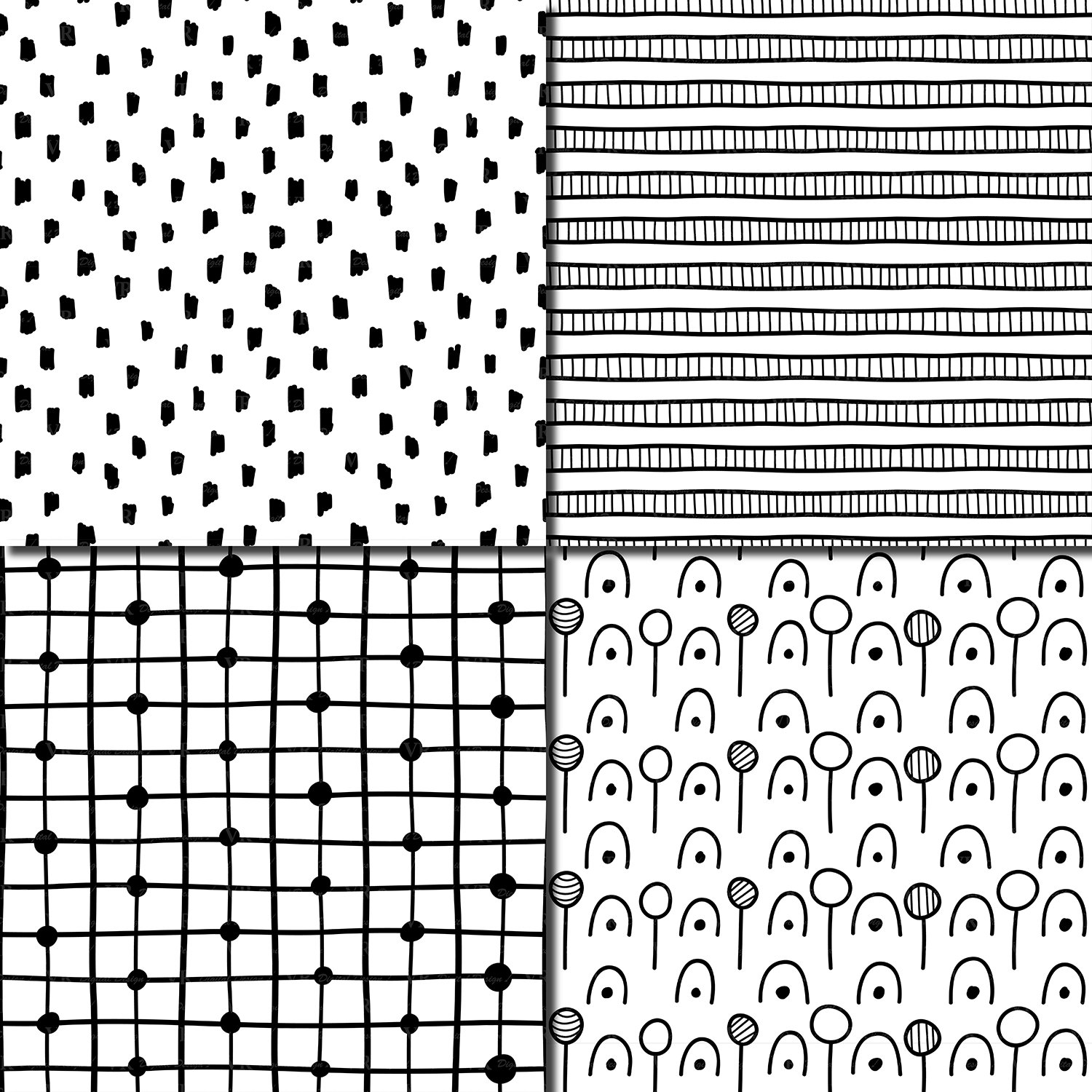 Black and White Hand Drawn Seamless Digital Paper, Trendy Monochrome ...