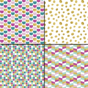 Teal, Magenta and Gold Foil Digital Paper, Seamless Geometric Patterns ...