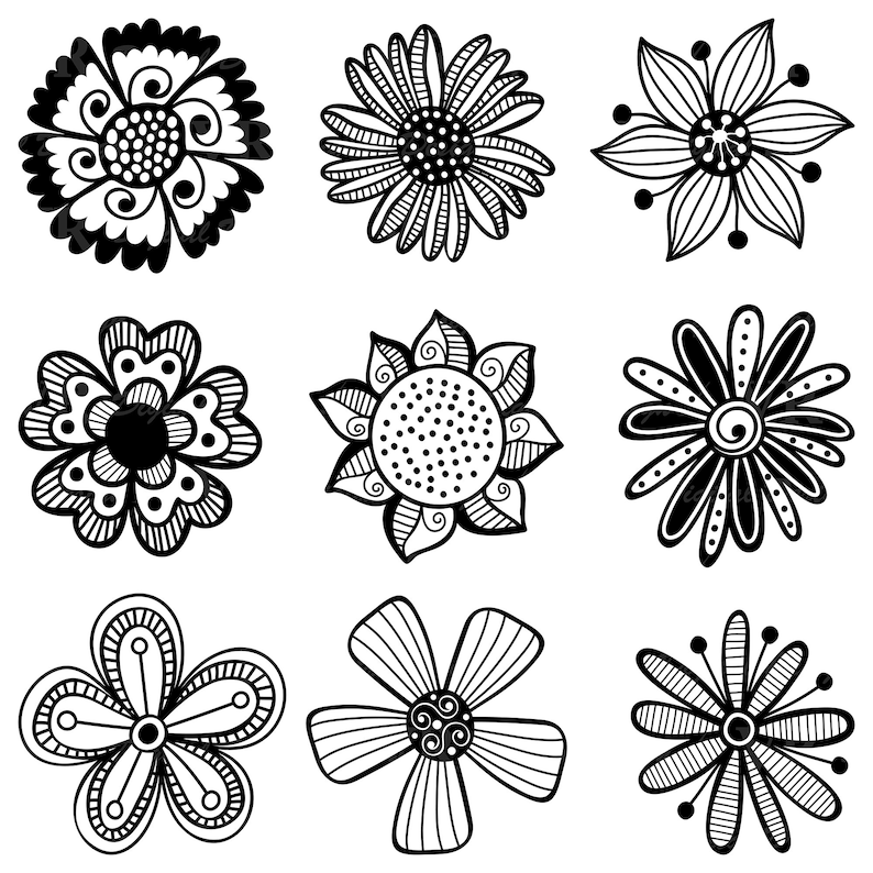 Floral Doodles Clipart, Flowers Doodle Clipart, Hand Drawn Flower ...