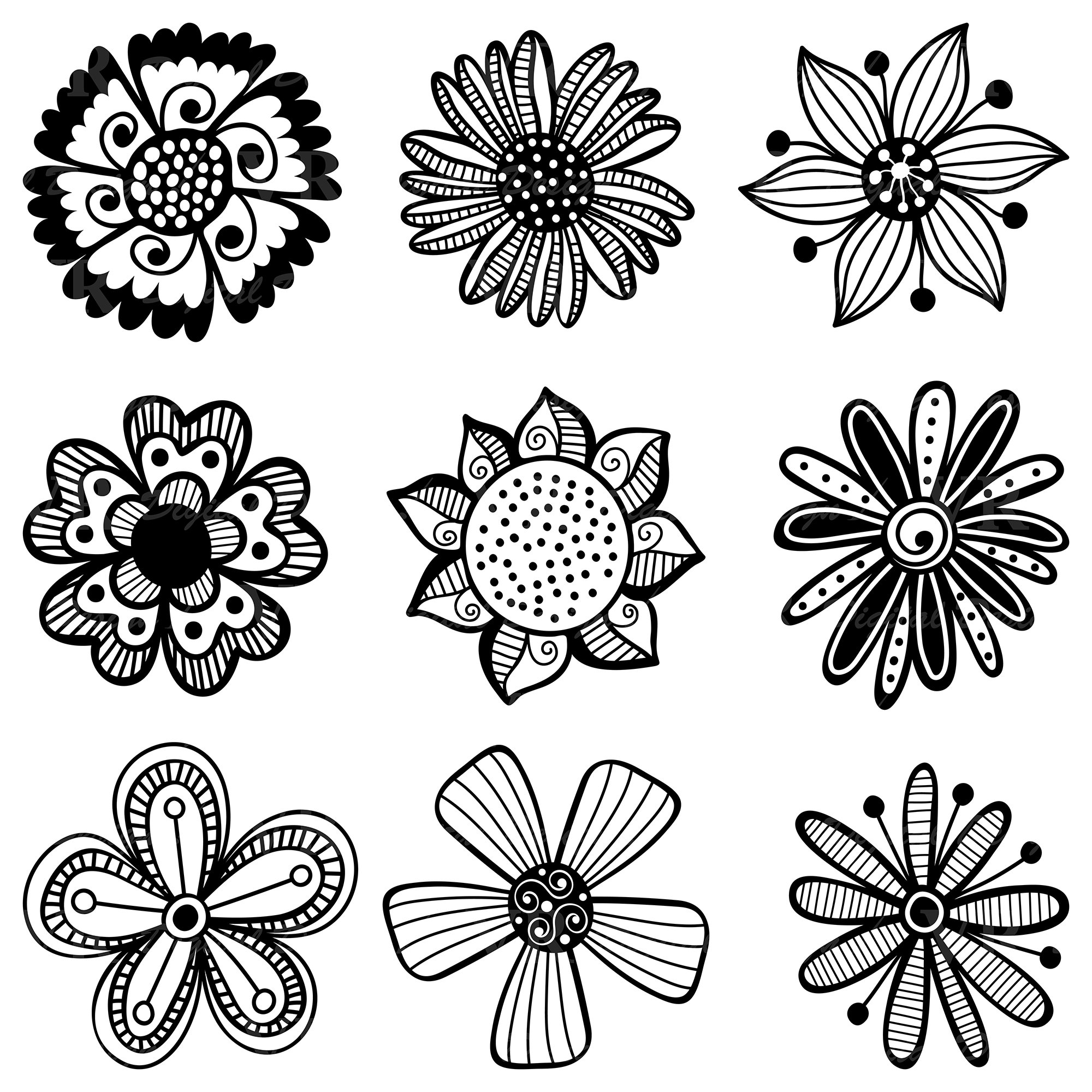 Floral Doodles Clipart, Flowers Doodle Clipart, Hand Drawn Flower ...