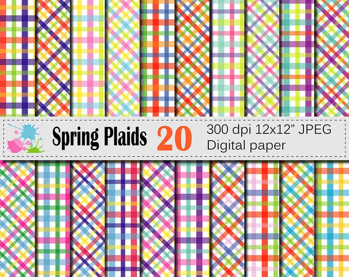 Spring Plaid Digital Paper Set, Bright Colorful Plaid Digital Scrapbook ...