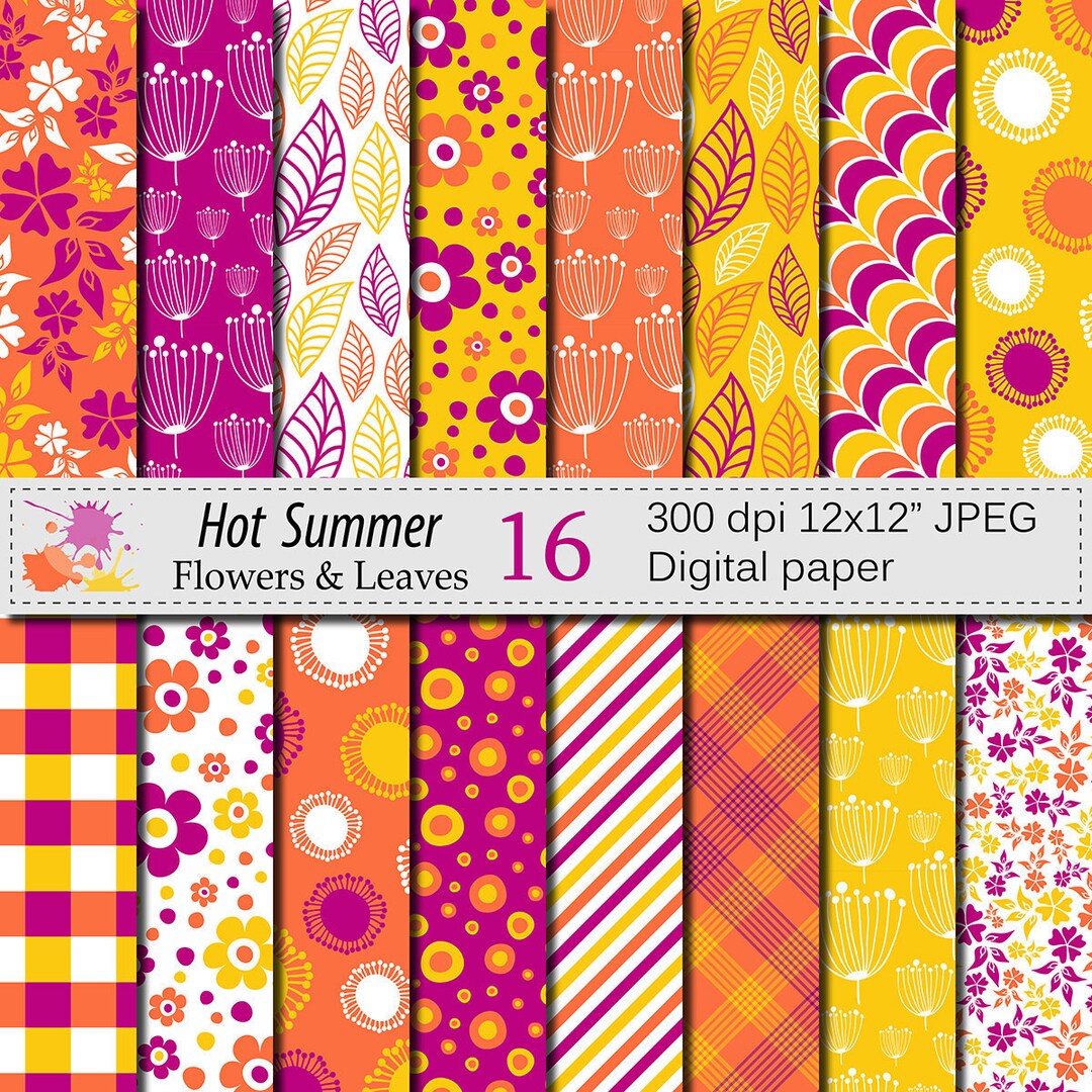 Summer Digital Paper, Bright Flowers and Leaves Digital Paper, "hot ...