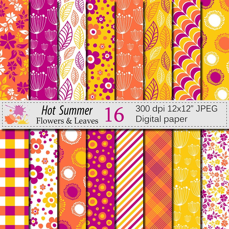 Summer Digital Paper, Bright Flowers and Leaves Digital Paper, "hot ...