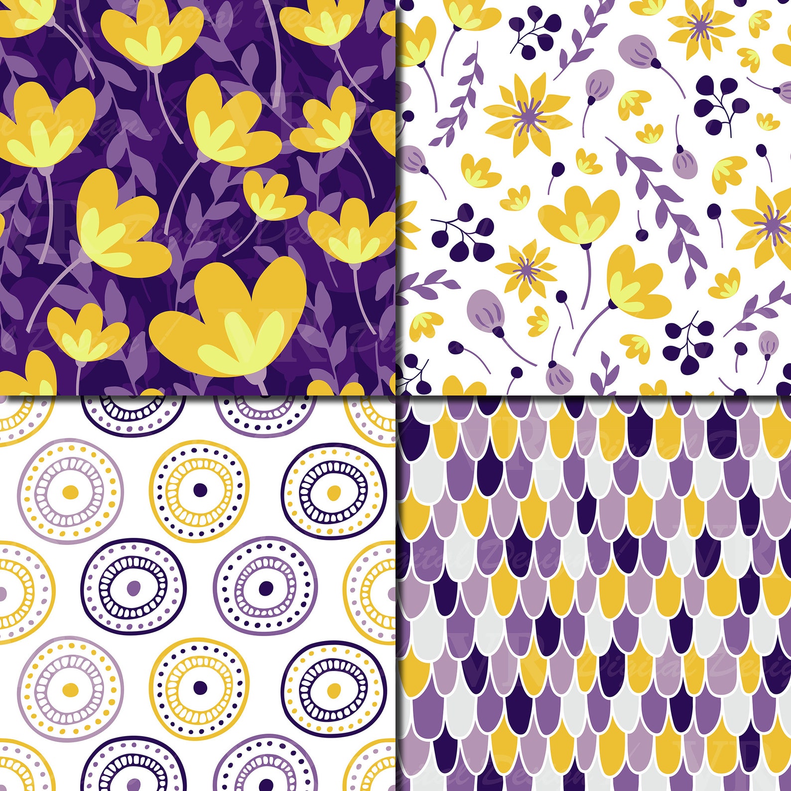 Purple and Yellow Floral Digital Paper, Flowers Seamless Pattern ...