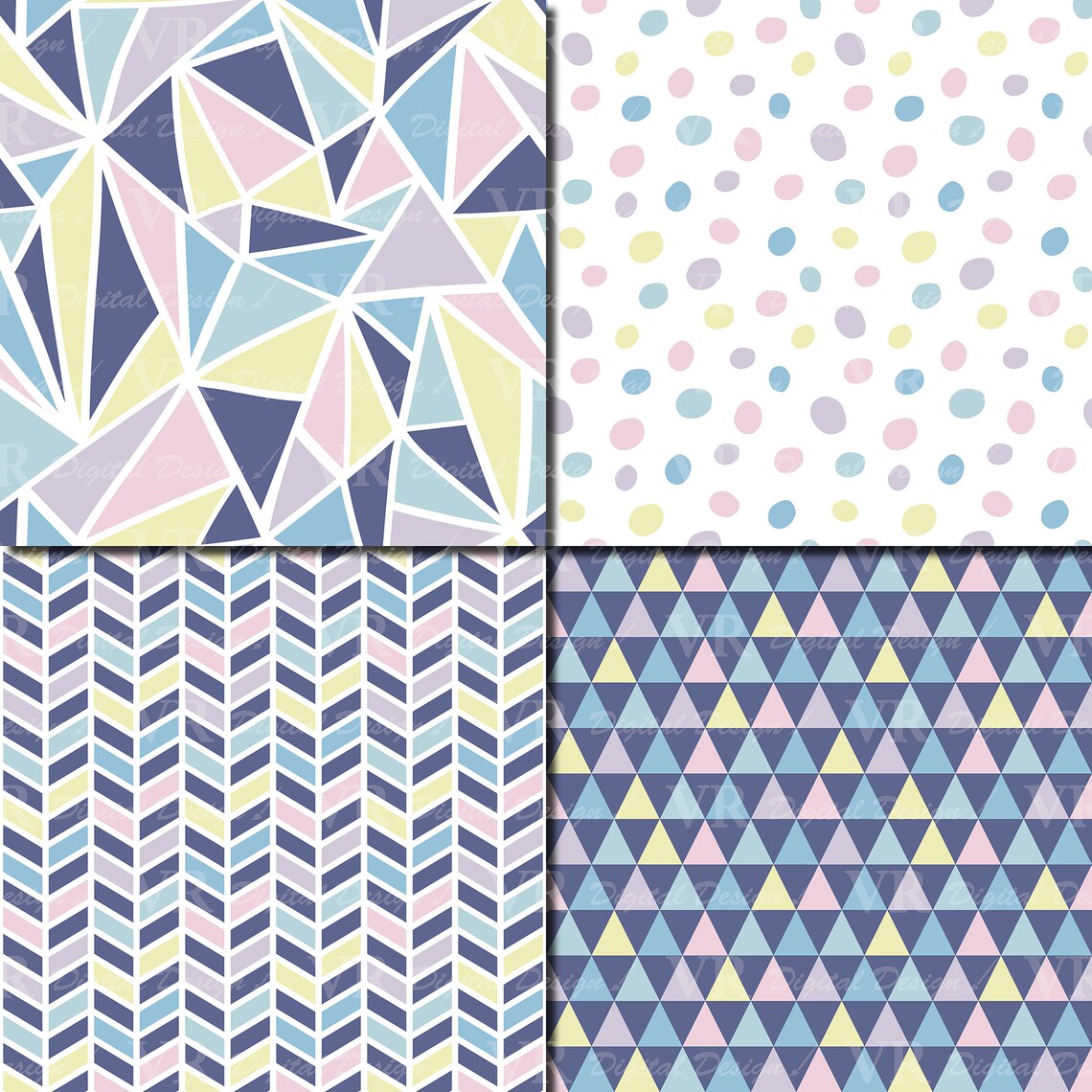 Pastel Geometric Digital Paper / Blue, Purple, Pink, Yellow Seamless ...