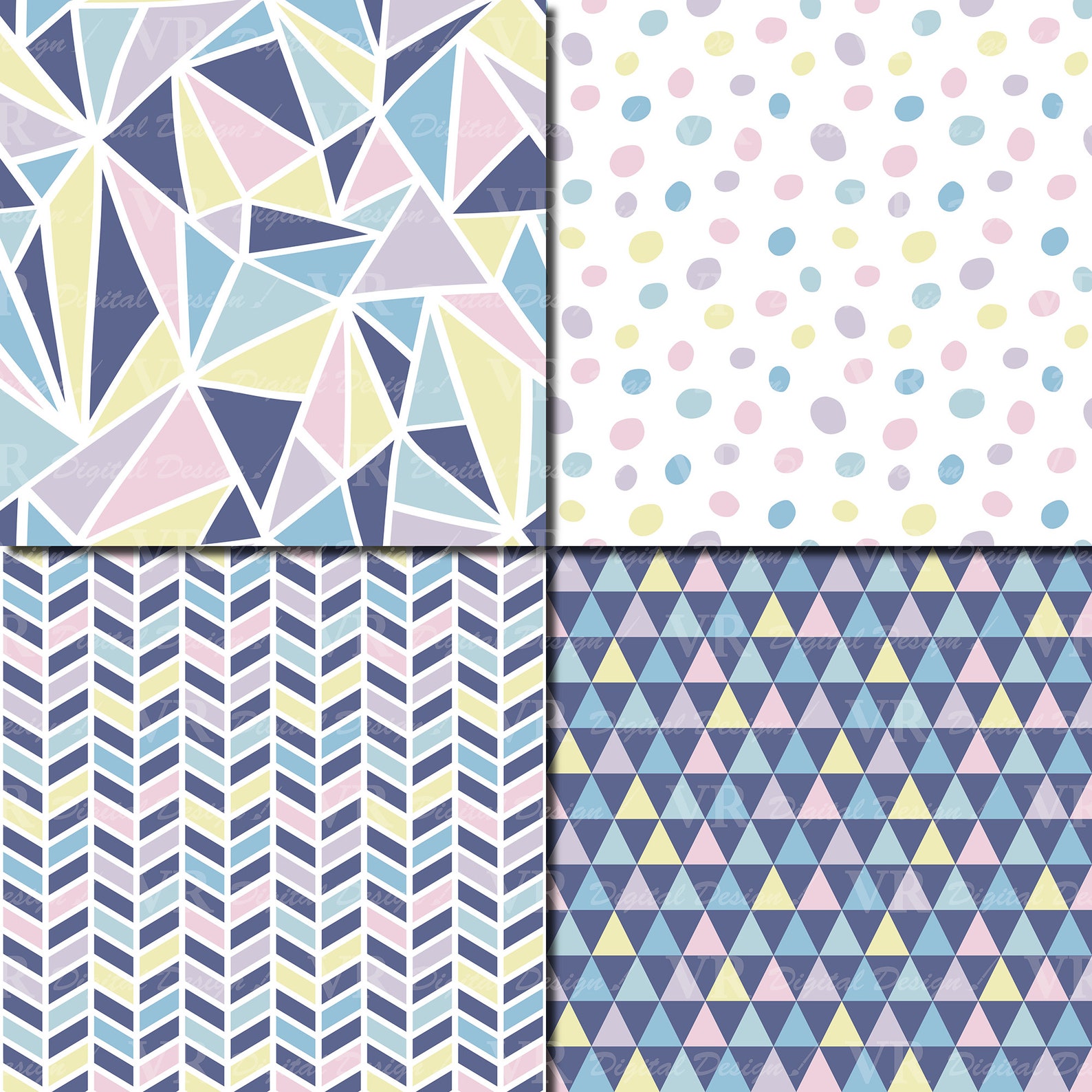 Pastel Geometric Digital Paper / Blue, Purple, Pink, Yellow Seamless ...
