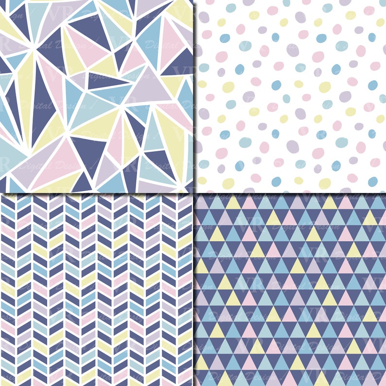 Pastel Geometric Digital Paper / Blue, Purple, Pink, Yellow Seamless ...