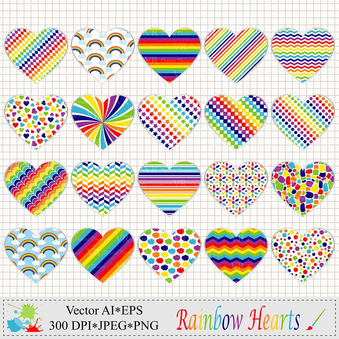 Rainbow Hearts Clipart, Patterned Hearts Clip Art, Vector Digital Heart ...