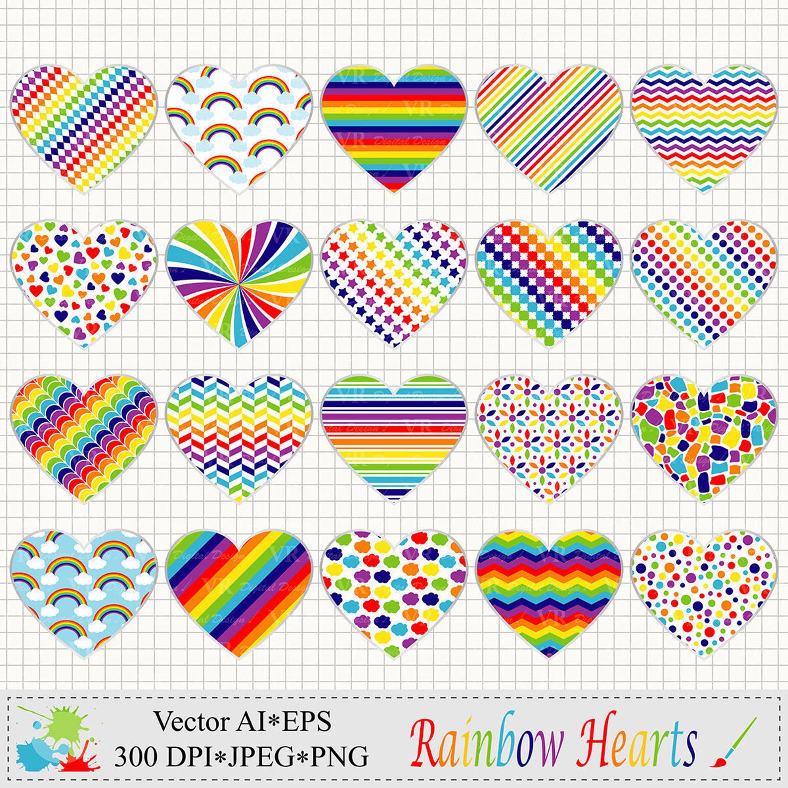 Rainbow Hearts Clipart, Patterned Hearts Clip Art, Vector Digital Heart ...