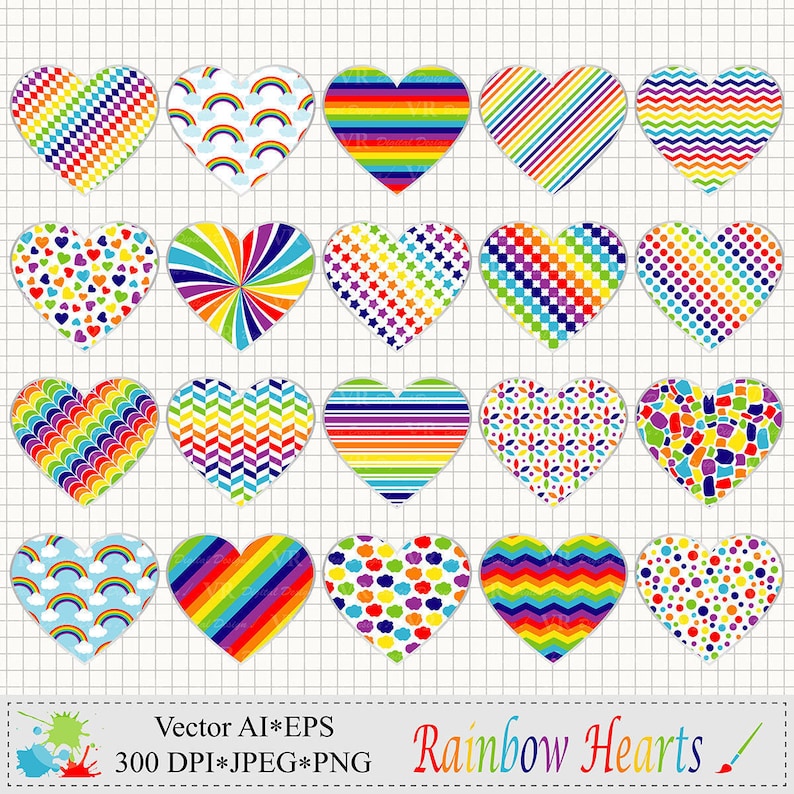 Rainbow Hearts Clipart, Patterned Hearts Clip Art, Vector Digital Heart ...