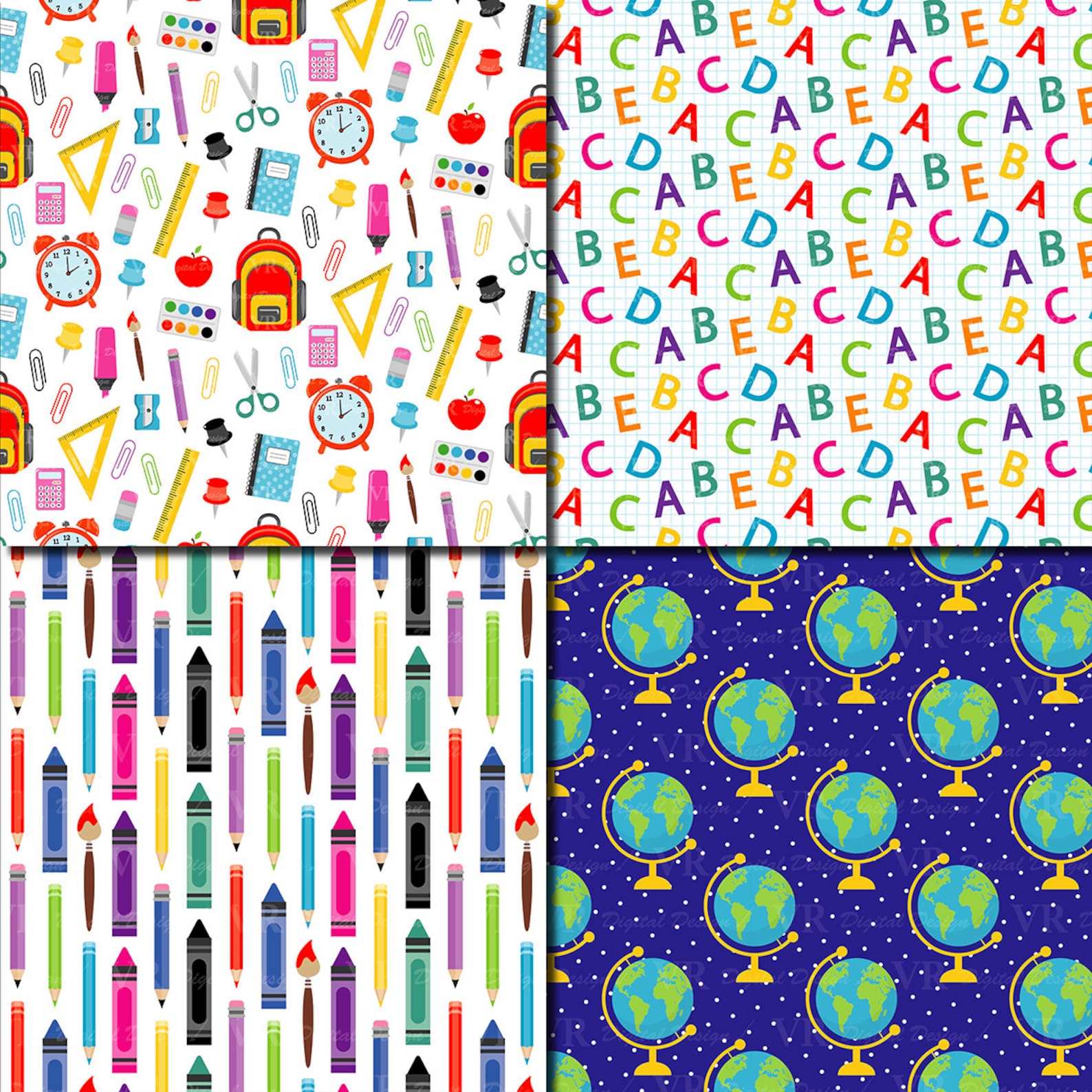 Back to School Digital Paper, School Supplies Pattern, Teacher ...