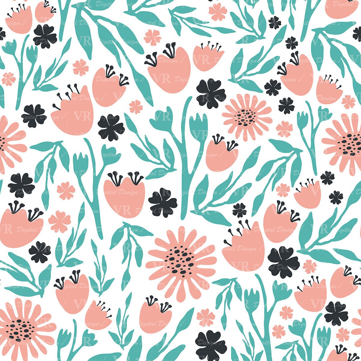 Seamless Floral Digital Paper, Hand Drawn Flowers Seamless Pattern ...