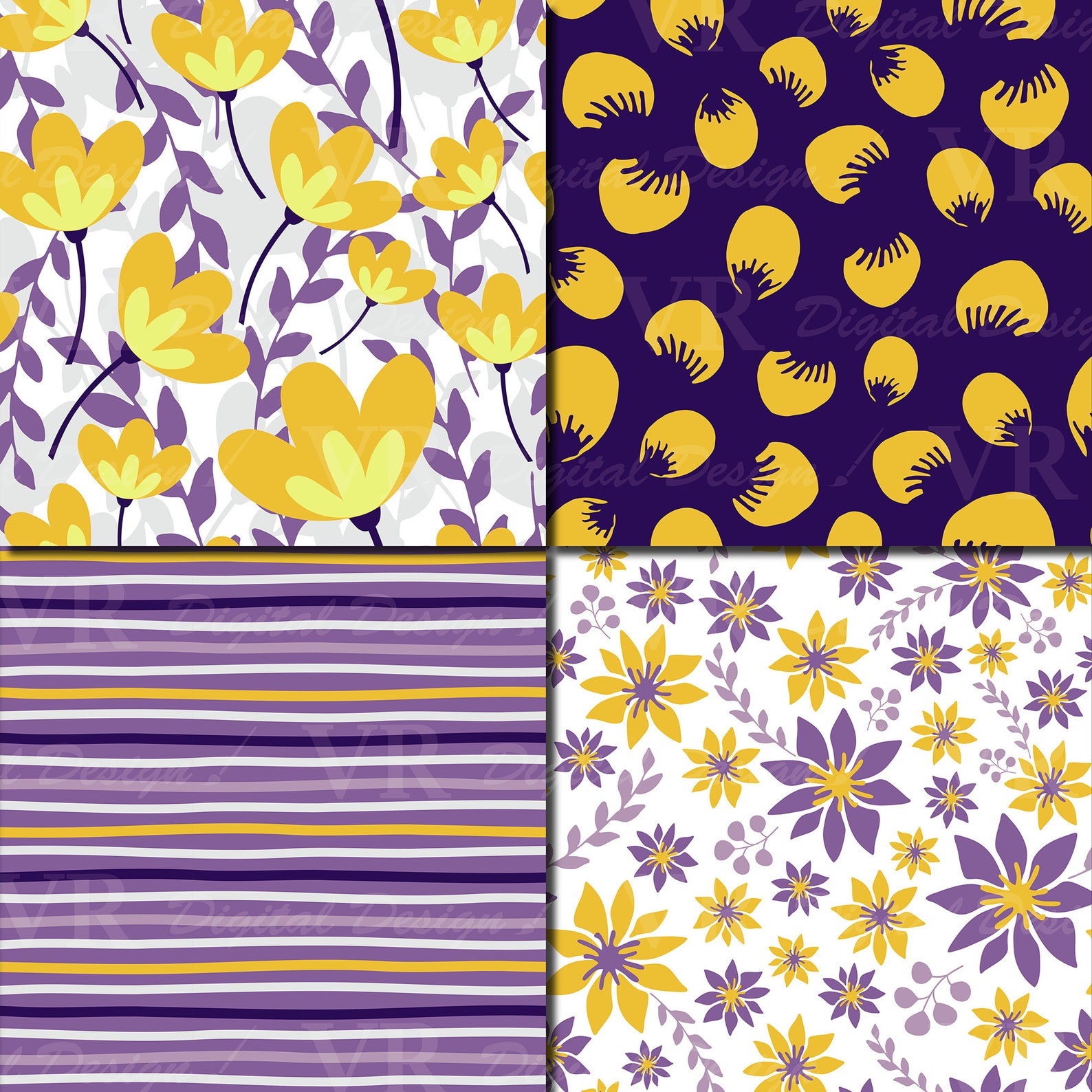 Purple and Yellow Floral Digital Paper, Flowers Seamless Pattern ...