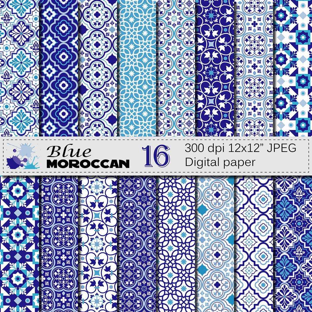 Blue Moroccan Digital Paper Set, Blue Ornamental Scrapbook Digital ...