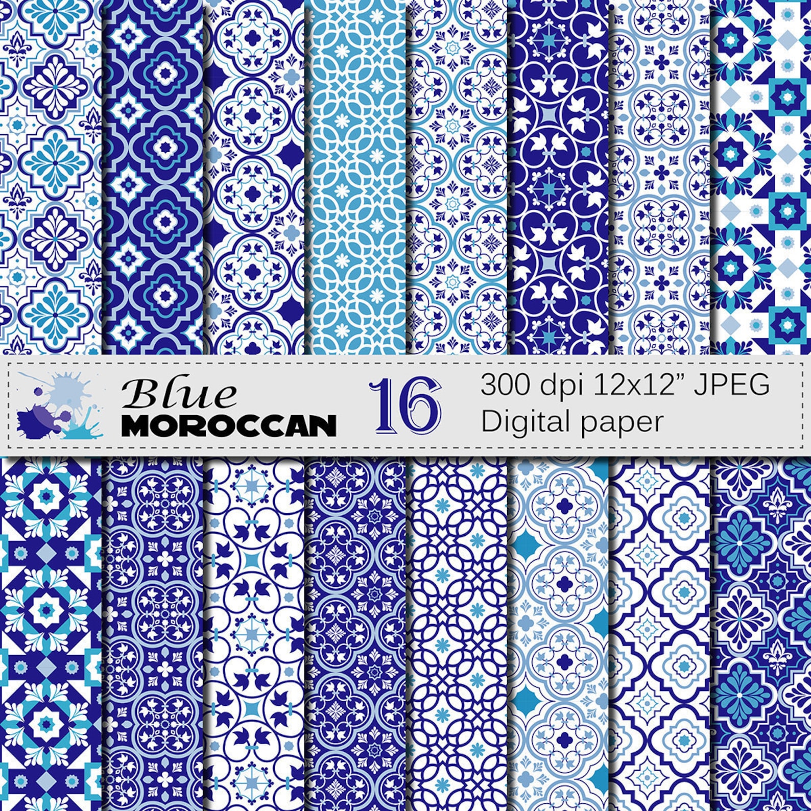 Blue Moroccan Digital Paper Set, Blue Ornamental Scrapbook Digital ...