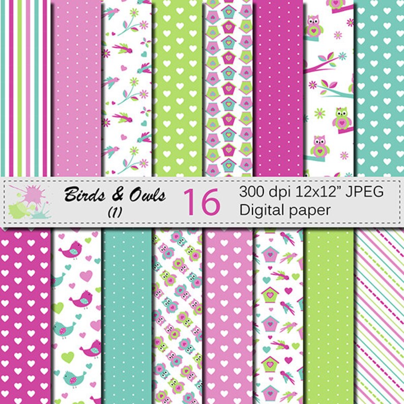 Birds and Owls Digital Paper Set, Scrapbooking Papers, Pink Green White ...