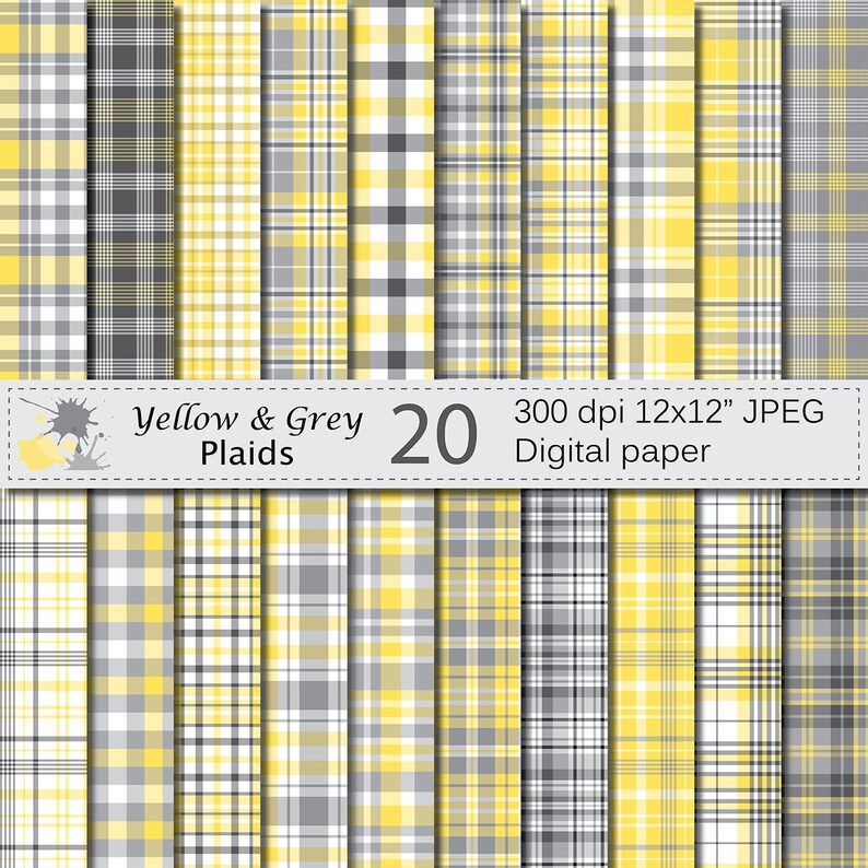 Yellow and Grey Plaids Digital Paper Set, Yellow and Grey Plaid Digital ...