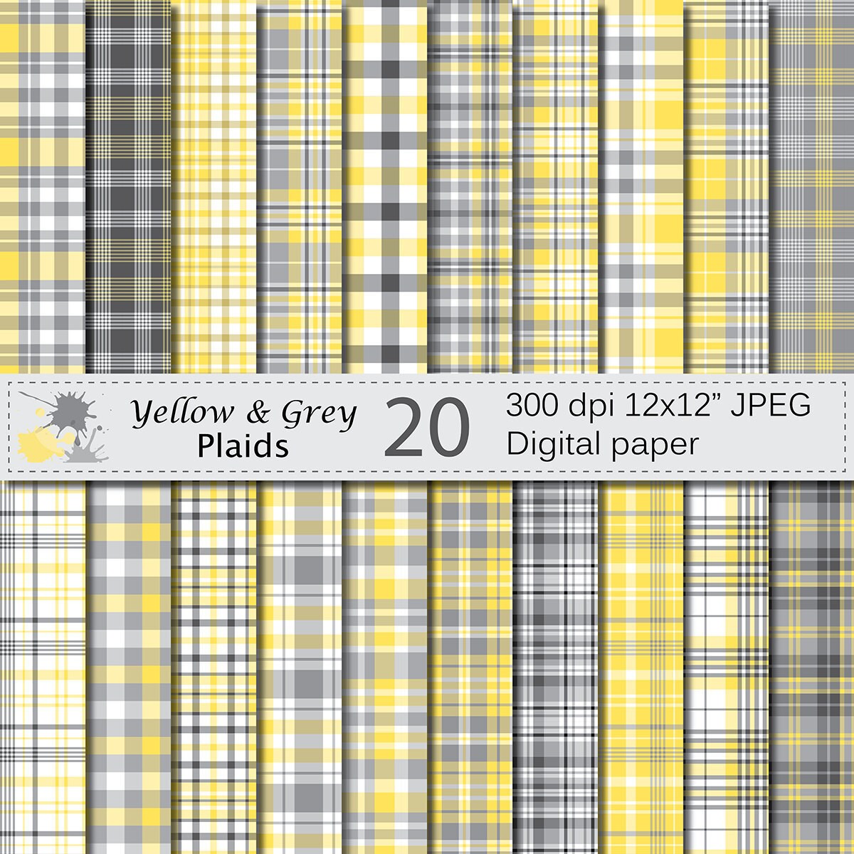 Yellow and Grey Plaids Digital Paper Set, Yellow and Grey Plaid Digital ...