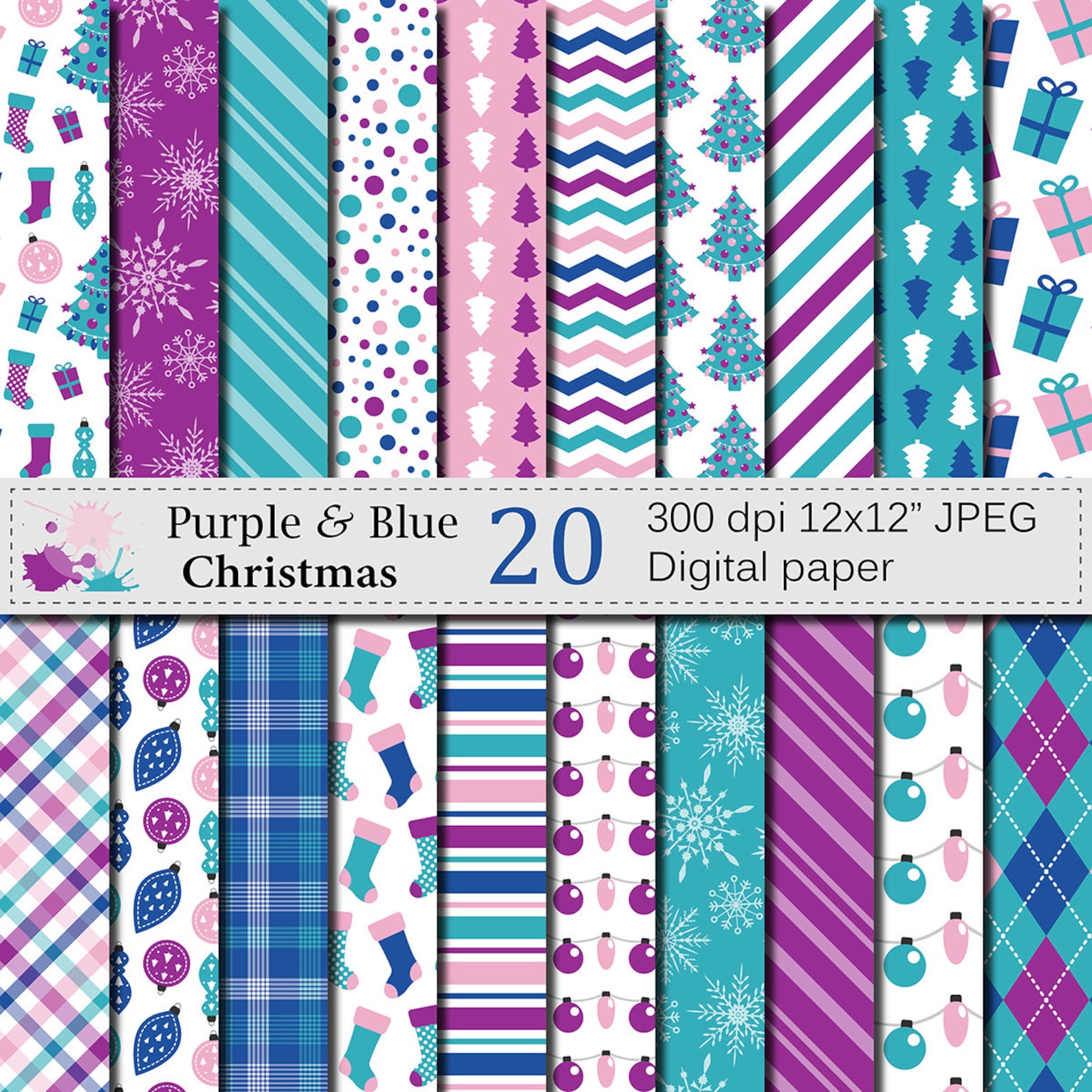 Purple and Blue Christmas Digital Paper, Frozen Christmas Digital ...